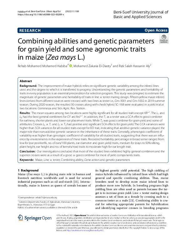 Pdf Combining Abilities And Genetic Parameters For Grain Yield And Some Agronomic Traits In