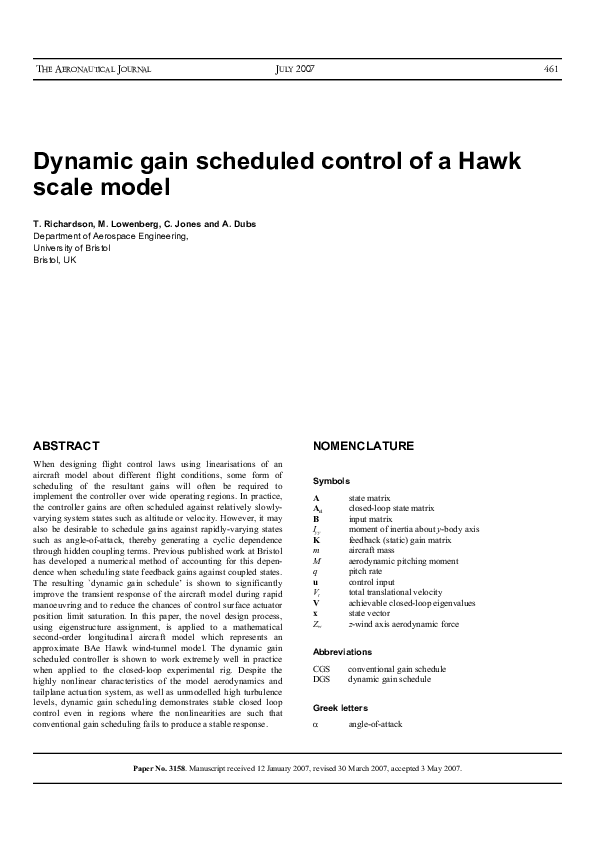 (PDF) Dynamic gain scheduled control of a Hawk scale model