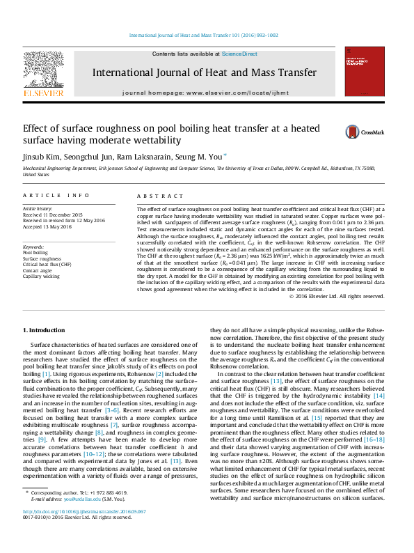 Pdf Effect Of Surface Roughness On Pool Boiling Heat Transfer