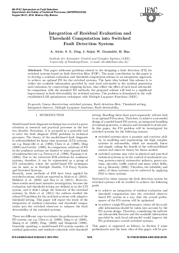 Pdf Integration Of Residual Evaluation And Threshold Computation Into Switched Fault Detection