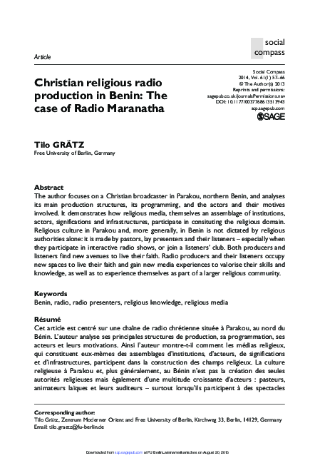 (PDF) Christian religious radio production in Benin: The case of Radio ...