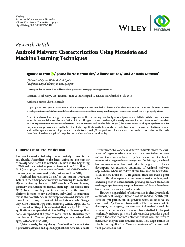 (PDF) Android Malware Characterization Using Metadata and Machine Learning Techniques