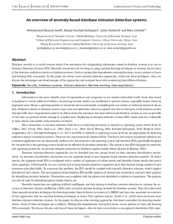 Pdf An Overview Of Anomaly Based Database Intrusion Detection Systems