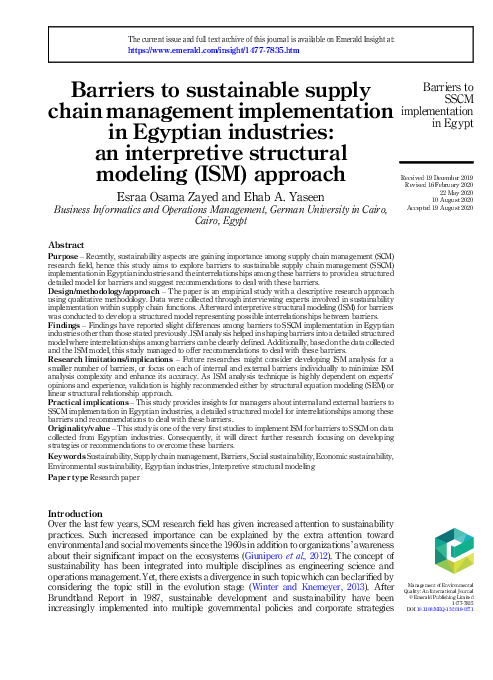 (PDF) Barriers to sustainable supply chain management implementation in Egyptian industries: an ...