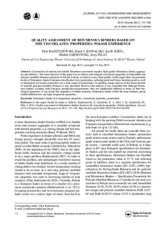 (PDF) Quality Assessment of Bituminous Binders Based on the Viscoelastic Properties: Polish ...