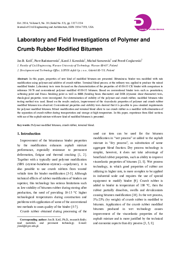 (PDF) Laboratory and Field Investigations of Polymer and Crumb Rubber ...