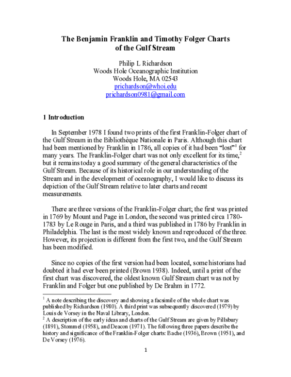 (PDF) The Benjamin Franklin and Timothy Folger Charts of the Gulf Stream