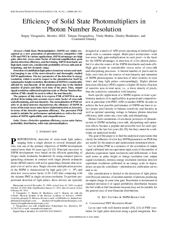(PDF) Efficiency of Solid State Photomultipliers in Photon Number Resolution