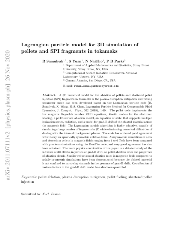 (PDF) Lagrangian particle model for 3D simulation of pellets and SPI fragments in tokamaks