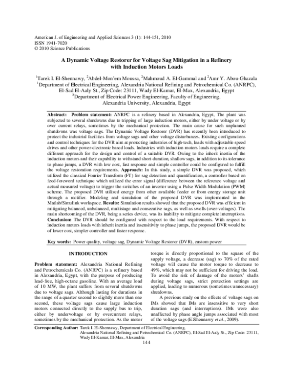 Pdf A Dynamic Voltage Restorer For Voltage Sag Mitigation In A Refinery With Induction Motors
