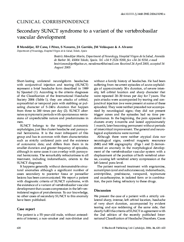 (PDF) Secondary SUNCT syndrome to a variant of the vertebrobasilar ...