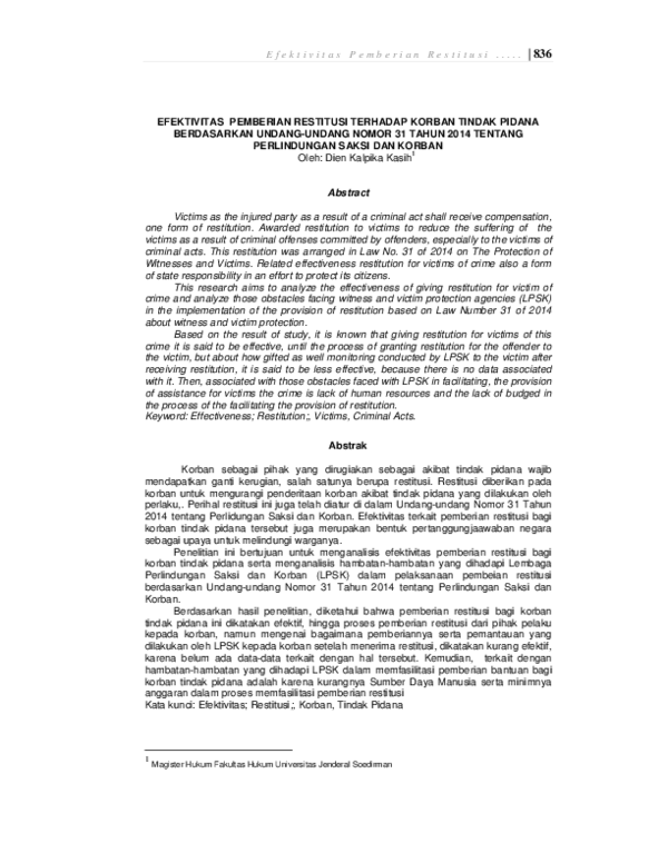 (PDF) Efektivitas Pemberian Restitusi Terhadap Korban Tindak Pidana Berdasarkan Undang-Undang ...