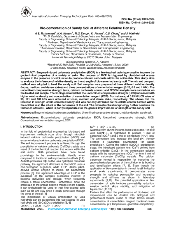 (PDF) Bio-cementation of Sandy Soil at different Relative Density | MU ...