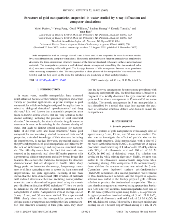 (PDF) Structure of gold nanoparticles suspended in water studied by x ...