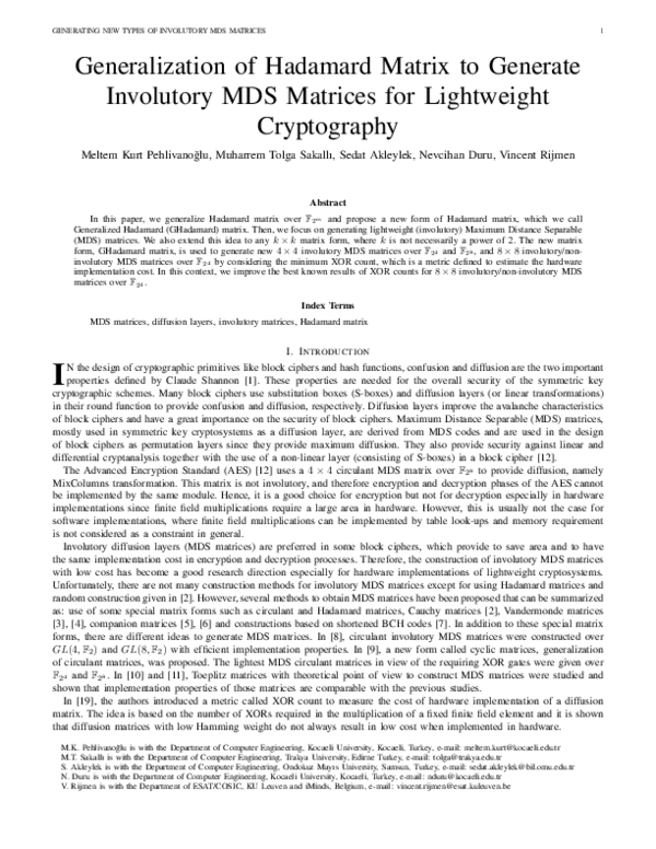 (PDF) Generalisation of Hadamard matrix to generate involutory MDS ...