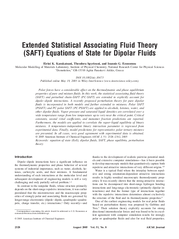 (PDF) Extended statistical associating fluid theory (SAFT) equations of state for dipolar fluids