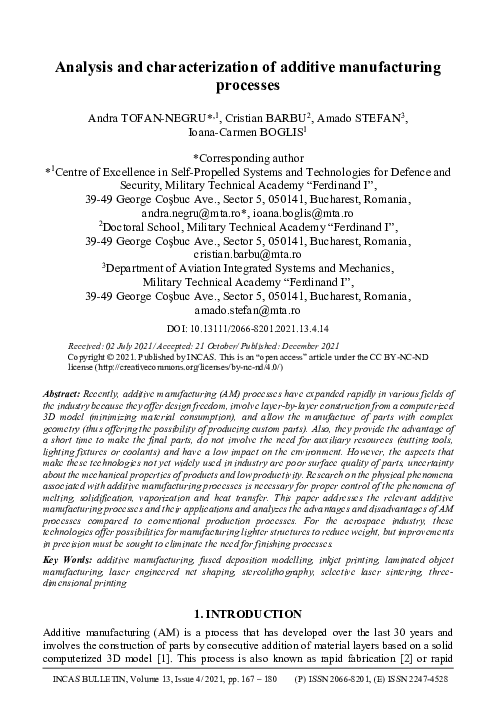 (PDF) Analysis and characterization of additive manufacturing processes