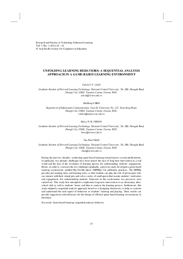 (PDF) Unfolding Learning Behaviors: A Sequential Analysis Approach in a Game-Based Learning ...