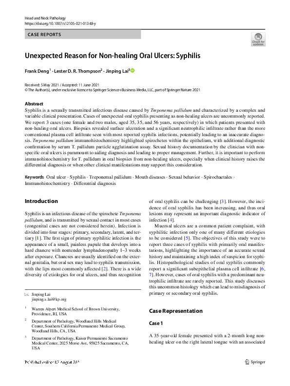 (PDF) Unexpected Reason for Non-healing Oral Ulcers: Syphilis