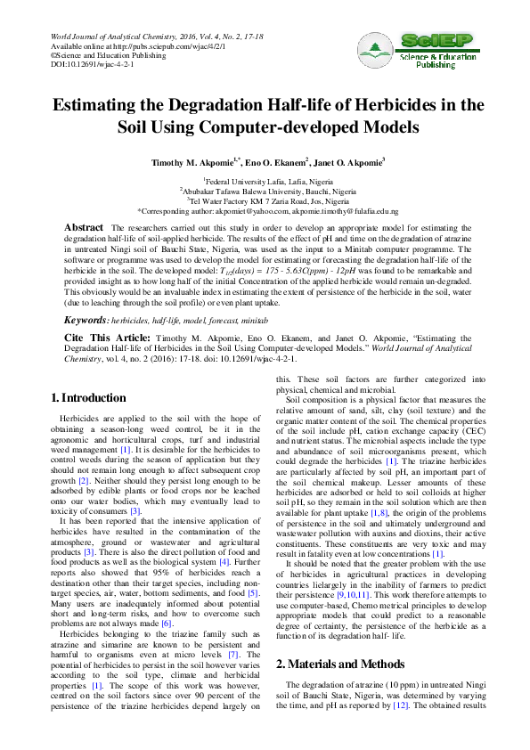 (PDF) Estimating the Degradation Half-life of Herbicides in the Soil Using Computer-developed Models