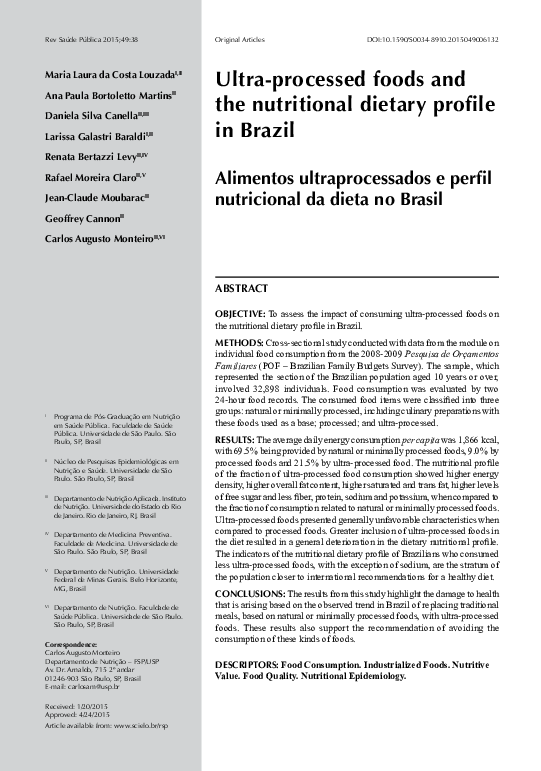(PDF) Ultra-processed foods and the nutritional dietary profile in Brazil