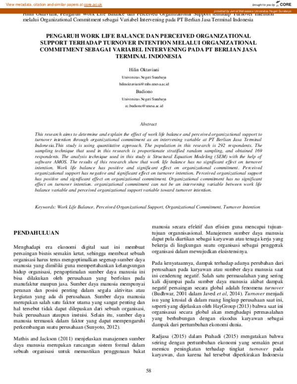 (PDF) Pengaruh Work Life Balance Dan Perceived Organizational Support Terhadap Turnover ...