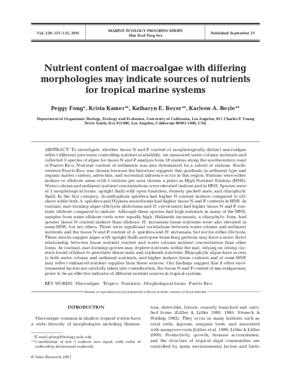 (PDF) Nutrient content of macroalgae with differing morphologies may ...