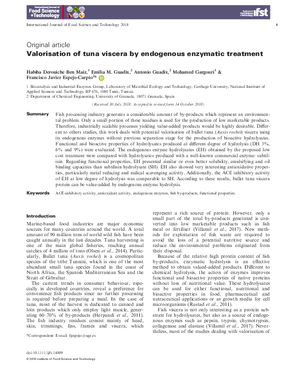(PDF) Valorisation of tuna viscera by endogenous enzymatic treatment