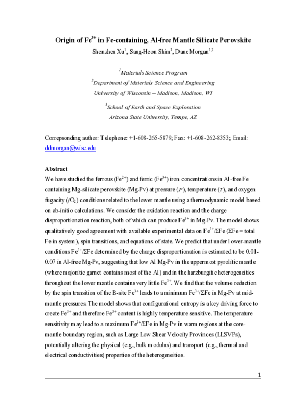 (PDF) Origin of Fe3+ in Fe-containing, Al-free mantle silicate perovskite