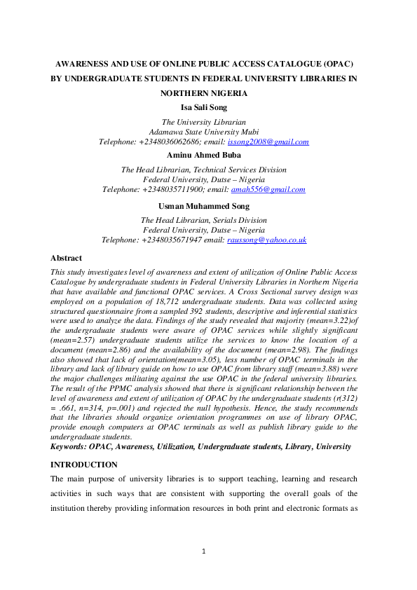 (PDF) AWARENESS AND USE OF ONLINE PUBLIC ACCESS CATALOGUE (OPAC) BY ...