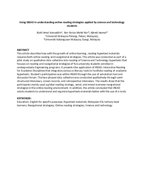 (PDF) Using iREAD in Understanding Online Reading Strategies Applied by ...