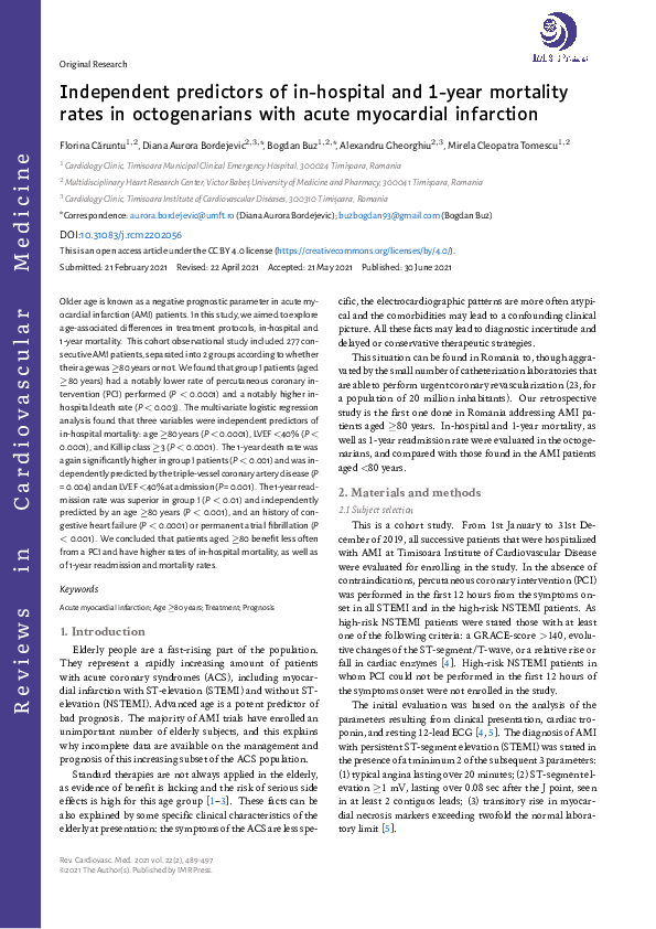 Pdf Independent Predictors Of In Hospital And 1 Year Mortality Rates 6816