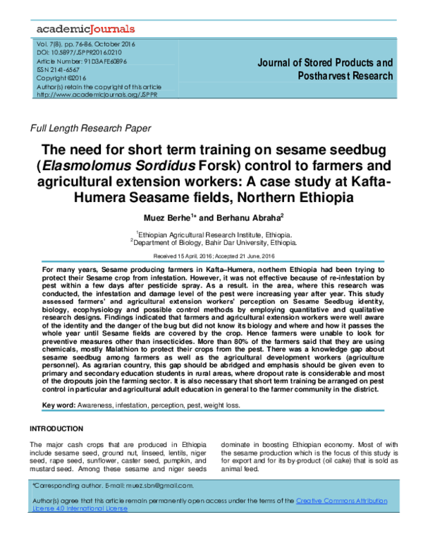 (PDF) The need for short term training on sesame seedbug (Elasmolomus ...