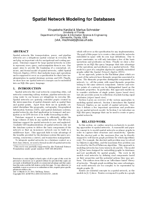 Pdf Spatial Network Modeling For Databases