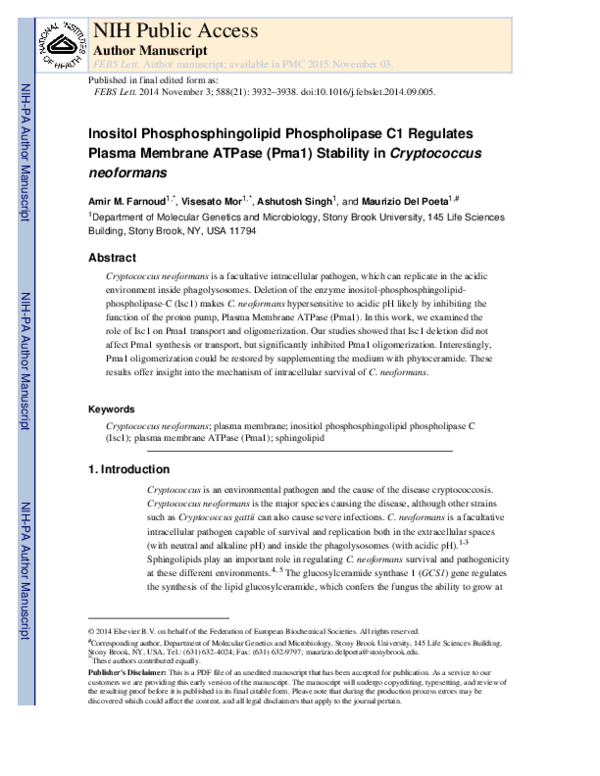 (PDF) Inositol phosphosphingolipid phospholipase C1 regulates plasma ...