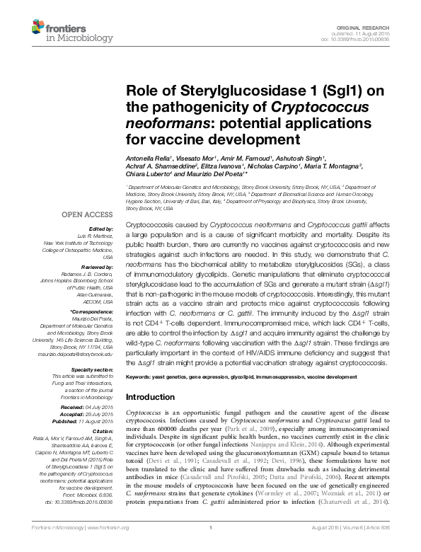 (PDF) Role of Sterylglucosidase 1 (Sgl1) on the pathogenicity of Cryptococcus neoformans ...