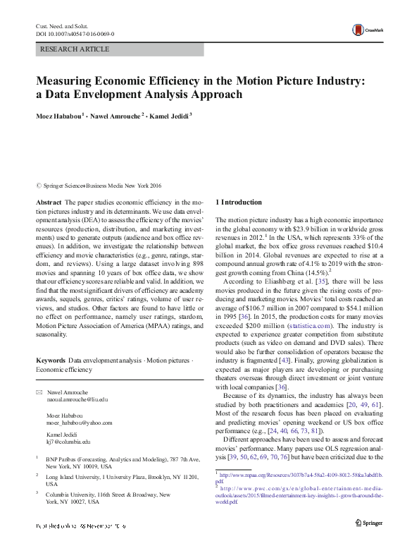 (PDF) Measuring Economic Efficiency in the Motion Picture Industry: a ...