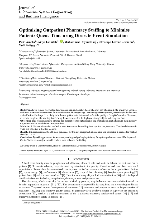 (PDF) Optimising Outpatient Pharmacy Staffing to Minimise Patients Queue Time using Discrete ...