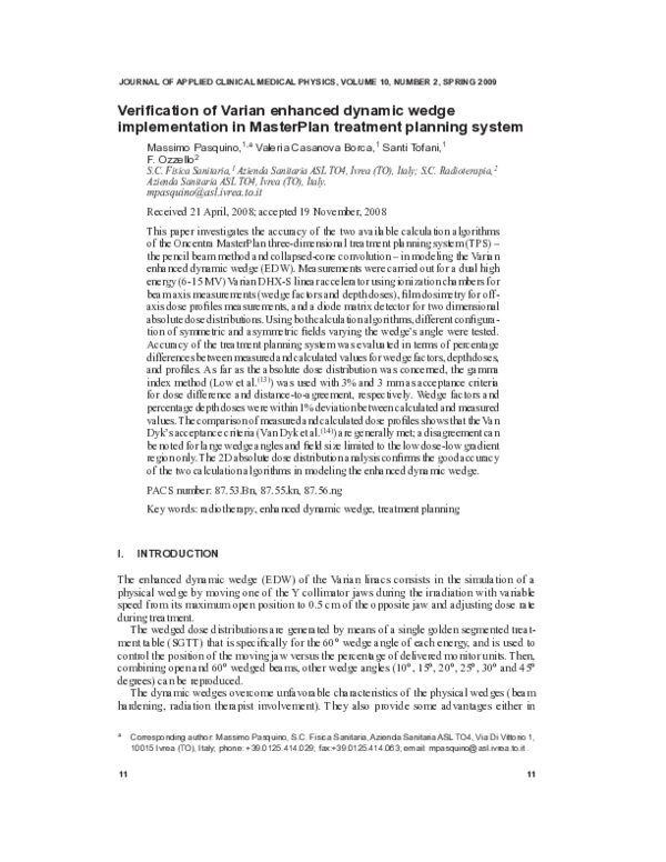 (PDF) Verification of Varian Enhanced Dynamic Wedge implementation in Masterplan Treatment ...