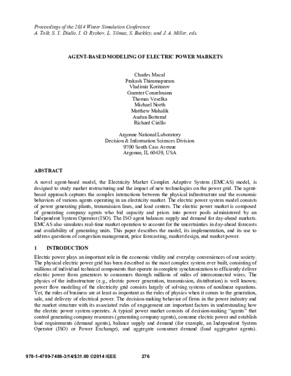 Pdf Agent Based Model For Electric Power Markets