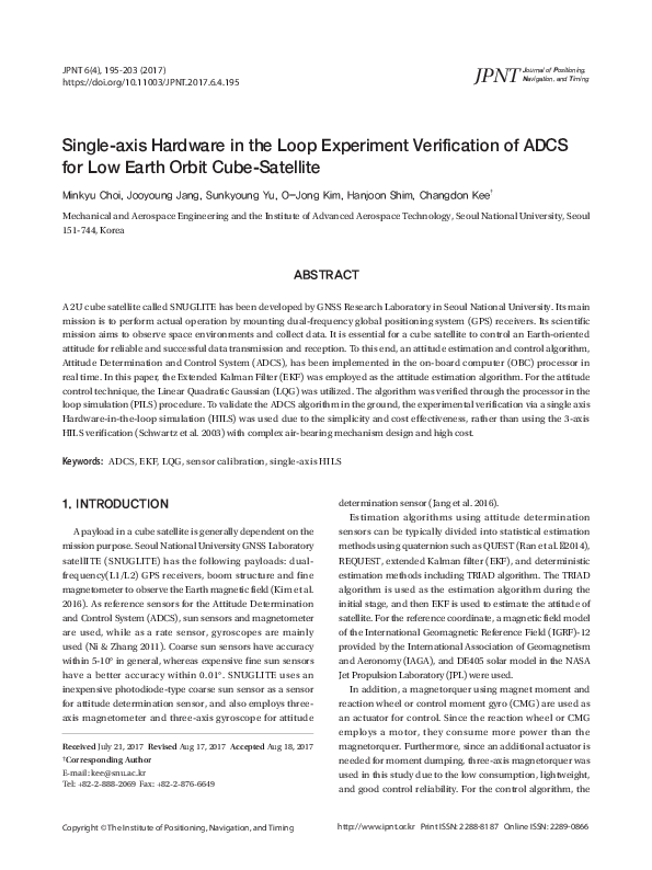 (PDF) Single-axis Hardware in the Loop Experiment Verification of ADCS for Low Earth Orbit Cube ...