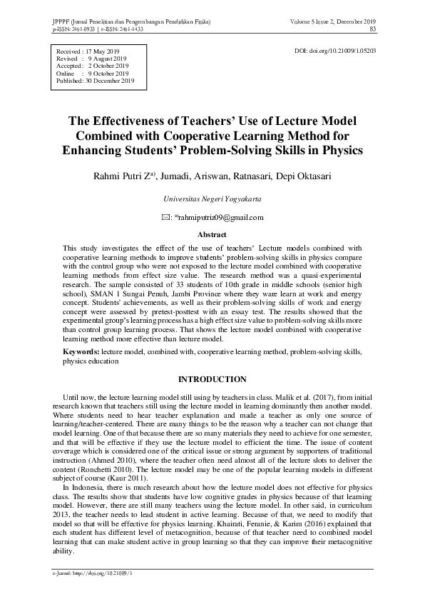 (PDF) The Effectiveness of Teachers’ Use of Lecture Model Combined with Cooperative Learning ...