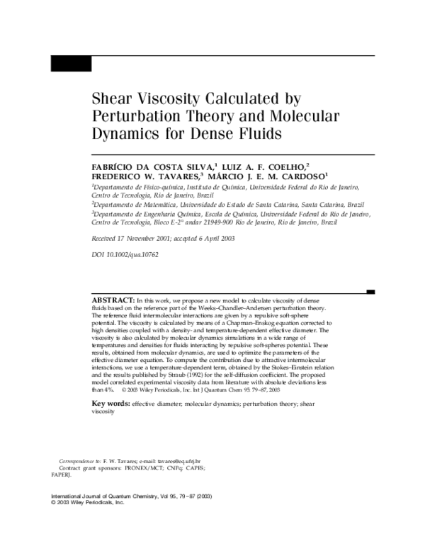 (PDF) Shear viscosity calculated by perturbation theory and molecular dynamics for dense fluids