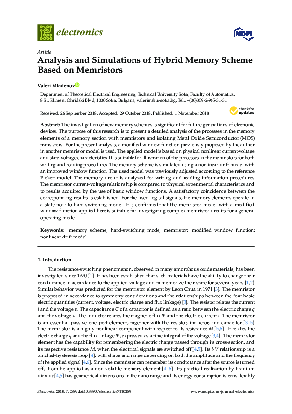 (PDF) Analysis and Simulations of Hybrid Memory Scheme Based on Memristors