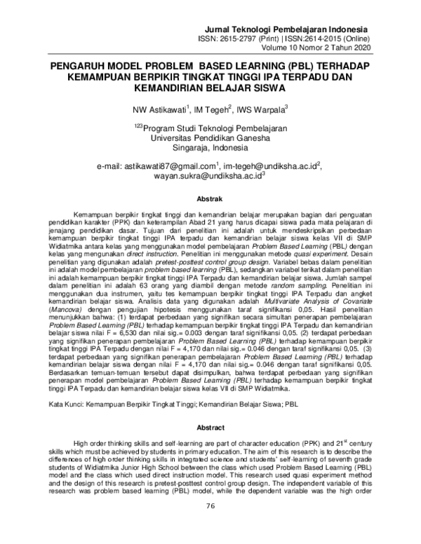 (PDF) Pengaruh Model Problem Based Learning (PBL) Terhadap Kemampuan Berpikir Tingkat Tinggi IPA ...