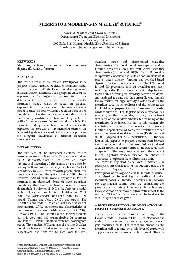 (PDF) Memristor Modeling In MATLAB & PSPICE
