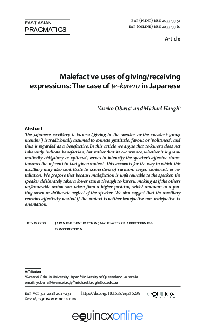 (PDF) Malefactive uses of giving/receiving expressions: The case of te ...