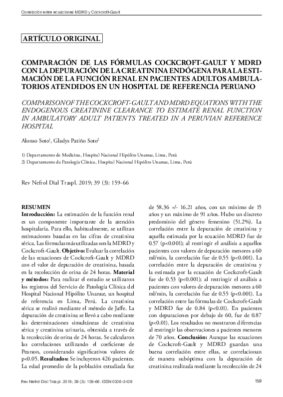 (PDF) Comparison of the Cockcroft-Gault and MDRD equations with the ...