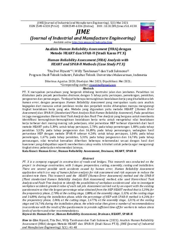(PDF) Analisis Human Reliability Assessment (HRA) dengan Metode HEART ...