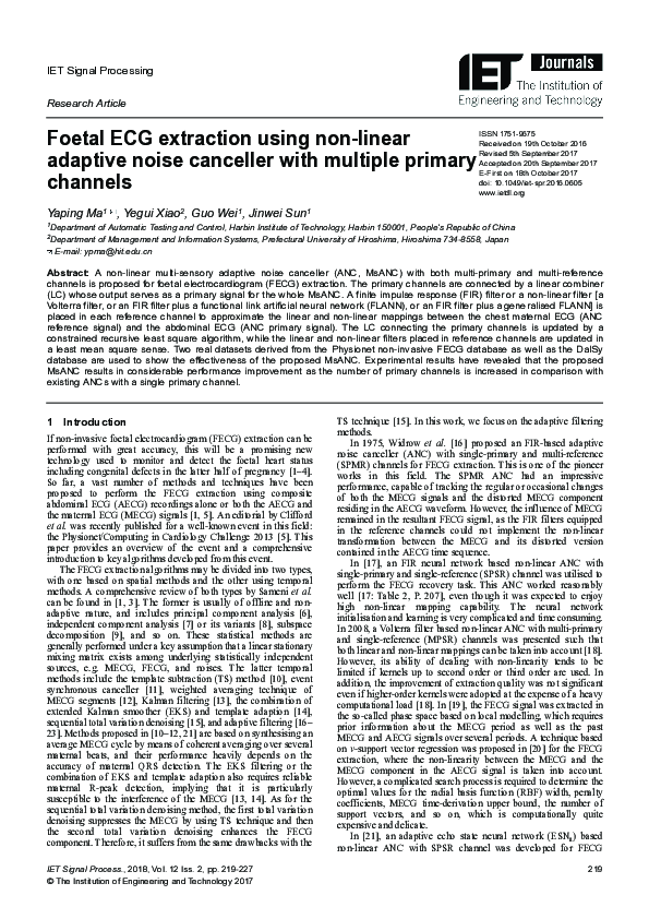 (PDF) Foetal ECG extraction using non‐linear adaptive noise canceller ...